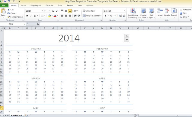 Any Year Perpetual Calendar Template for Excel