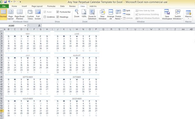 Any Year Perpetual Calendar Template for Excel