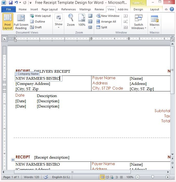 Free Receipt Template Design For Word