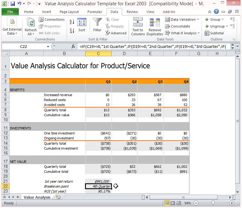 Value Analysis Calculator Template For Excel