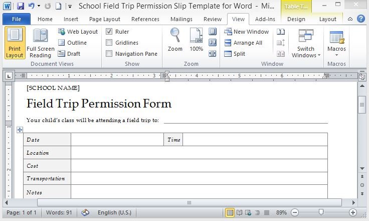School Field Trip Permission Slip Template For Word