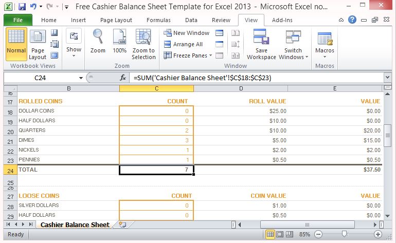 Free Cashier Balance Sheet Template for Excel 2013