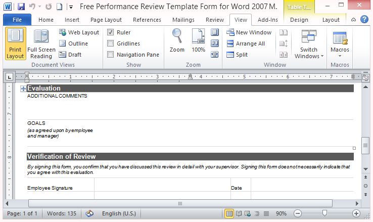 Free Performance Review Template Form for Word 2007
