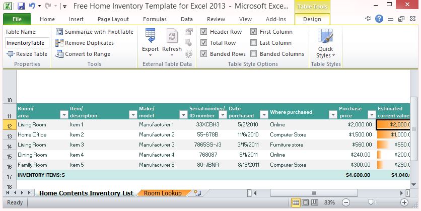 Free Home Inventory Template for Excel 2013