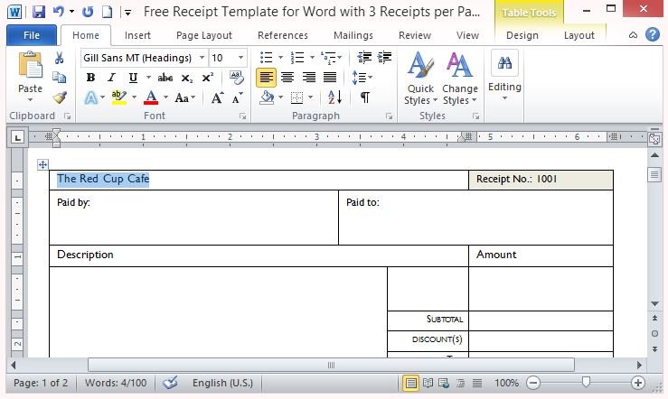 Free Receipt Template For Word With 3 Receipts Per Page
