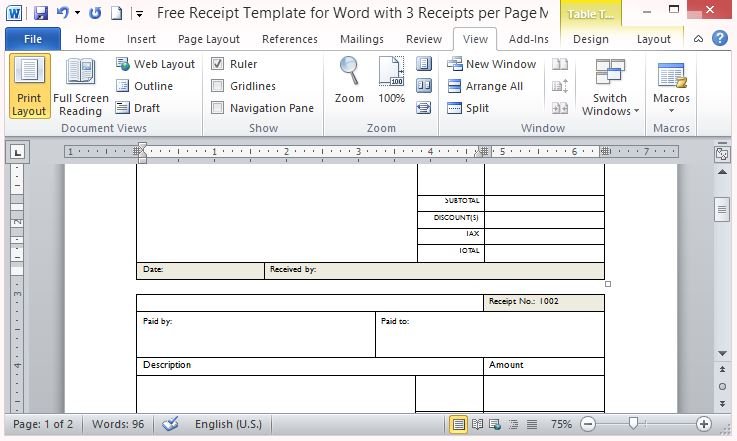 Free Receipt Template For Word With 3 Receipts Per Page