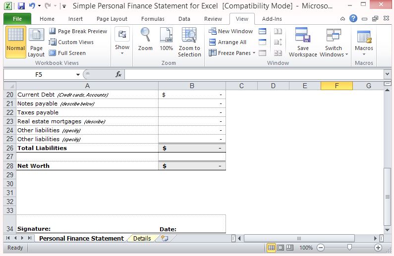 Simple Personal Finance Statement Template For Excel