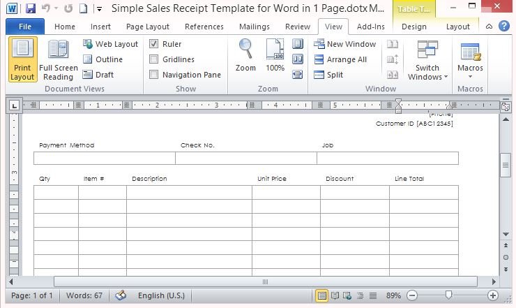 Simple Sales Receipt Template For Word in One Page