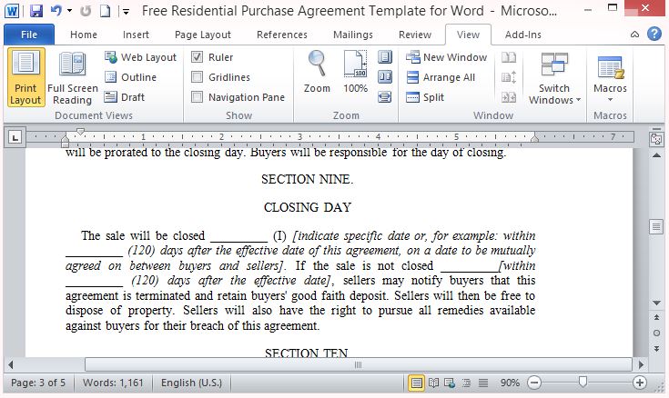 Free Residential Purchase Agreement Template For Word