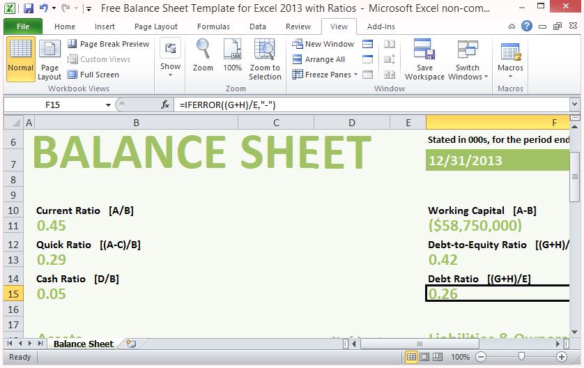 Free Balance Sheet Template For Excel 2013 With Ratios