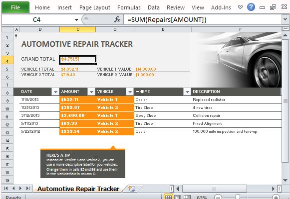 Car Repair Tracker Template For Excel 2013