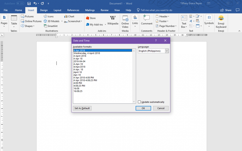 Create a Word Document with Self Updating Date & Time Stamp