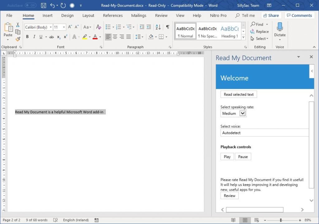 Read My Document Add-in Reads Out Office Documents