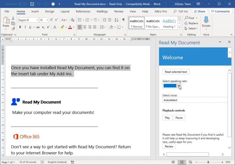 Read My Document Add-in Reads Out Office Documents
