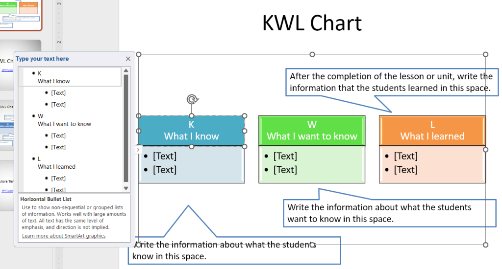 KWL Table in PowerPoint using SmartArt