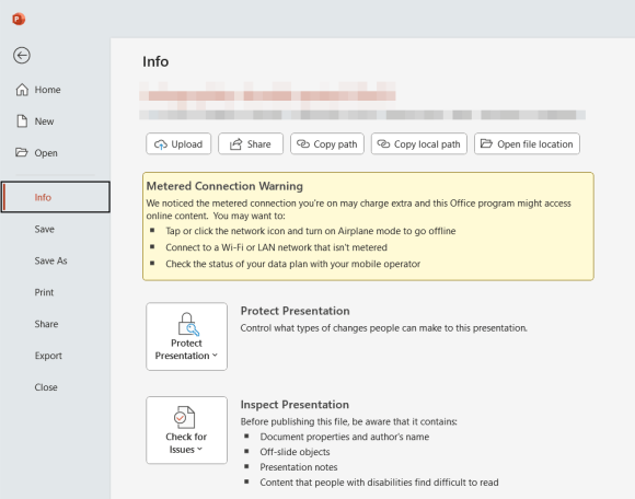 Metered Connection warning in PowerPoint